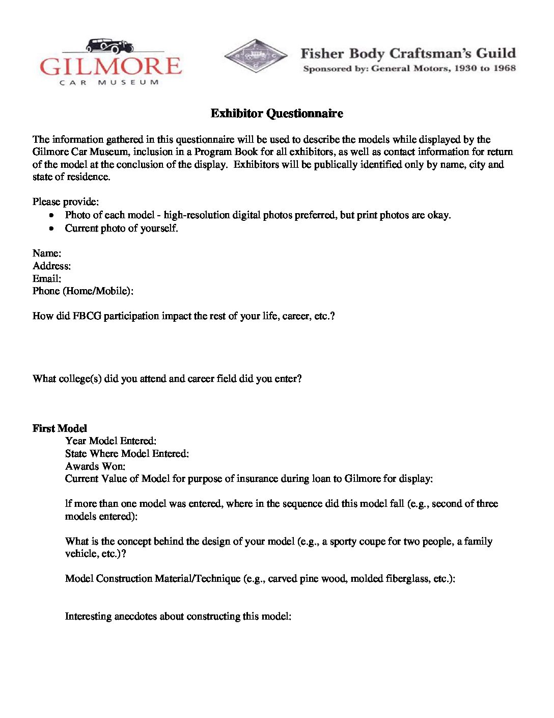 FBCG Exhibitor Questionnaire – Dean’s Garage