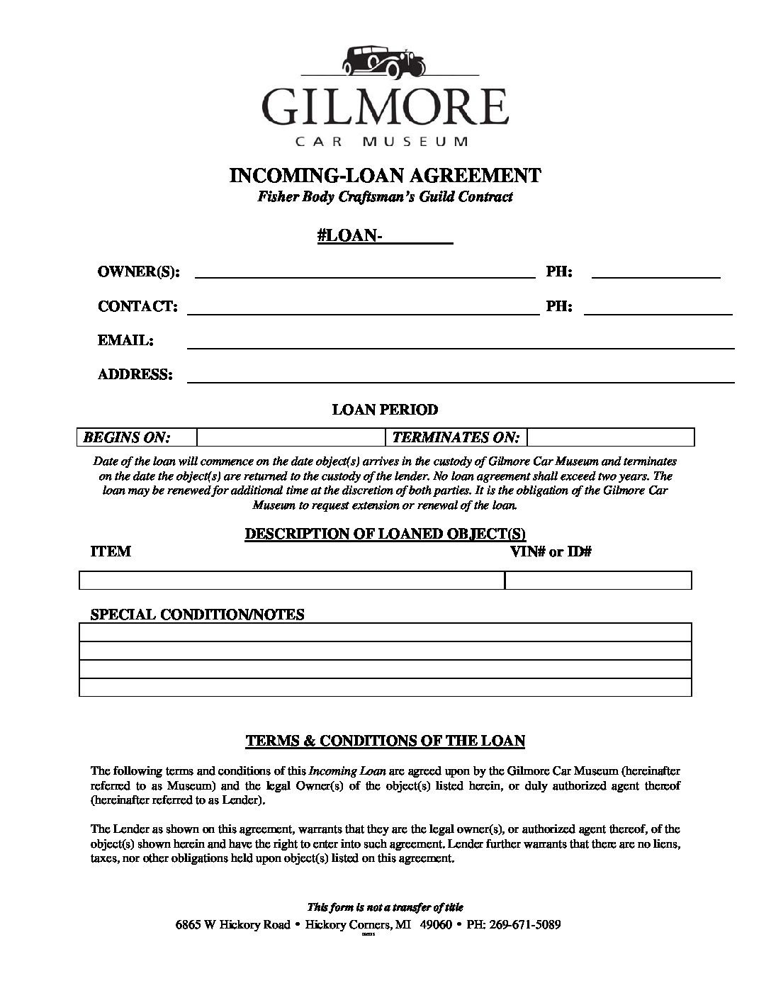 Gilmore Car Museum Incoming Loan Agreement – Dean’s Garage